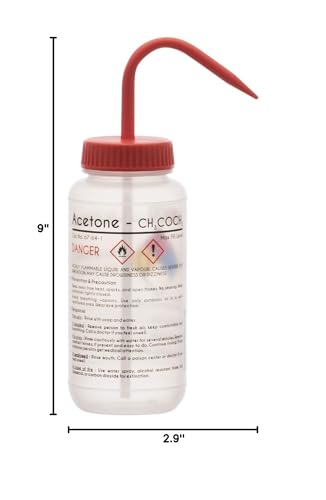 EISCO Wash Bottle for Acetone, 500ml - Labeled with Color Coded Chemical & Safety Information (4 Colors) - Wide Mouth, Self Venting, Low Density Polyethylene Labs