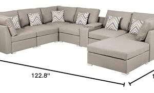 Lilola Home Amira Beige Fabric Reversible Modular Sectional Sofa with USB Console and Ottoman