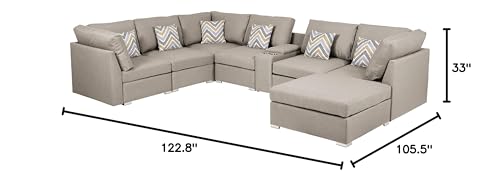 Lilola Home Amira Beige Fabric Reversible Modular Sectional Sofa with USB Console and Ottoman