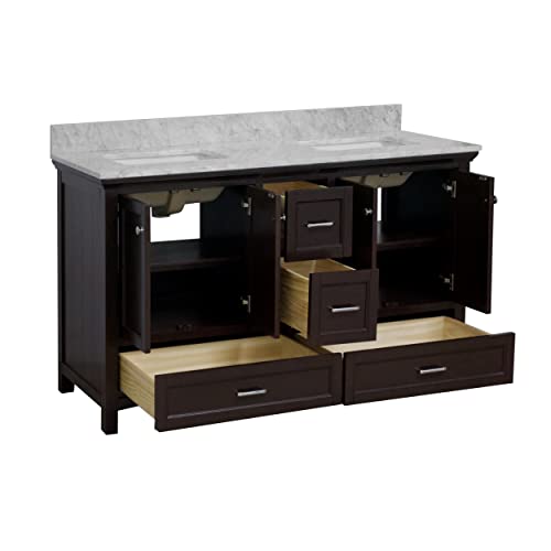 Kitchen Bath Collection Paige 60-inch Double Bathroom Vanity (Carrara/Chocolate): Includes Chocolate Cabinet with Authentic Italian Carrara Marble Countertop and White Ceramic Sinks