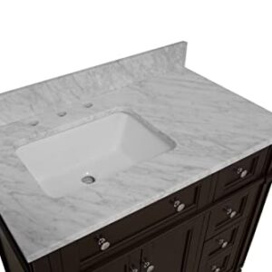 Hailey 36-inch Bathroom Vanity (Carrara/Chocolate): Includes Chocolate Cabinet with Authentic Italian Carrara Marble Countertop and White Ceramic Sink