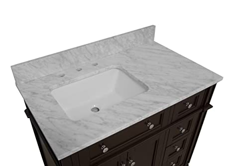 Hailey 36-inch Bathroom Vanity (Carrara/Chocolate): Includes Chocolate Cabinet with Authentic Italian Carrara Marble Countertop and White Ceramic Sink