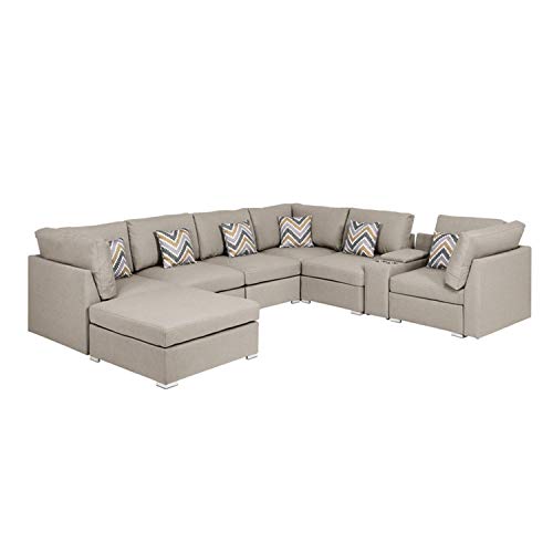 Lilola Home Amira Beige Fabric Reversible Modular Sectional Sofa with USB Console and Ottoman