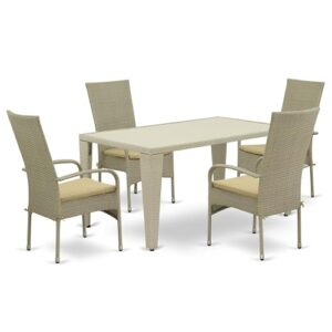 east west furniture guos5-03a 5 piece outdoor patio conversation sets includes a rectangle wicker dining table with glass top and 4 balcony backyard armchair with cushion, 36x60 inch, natural linen