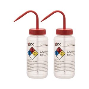 eisco wash bottle for acetone, 500ml - labeled with color coded chemical & safety information (4 colors) - wide mouth, self venting, low density polyethylene labs