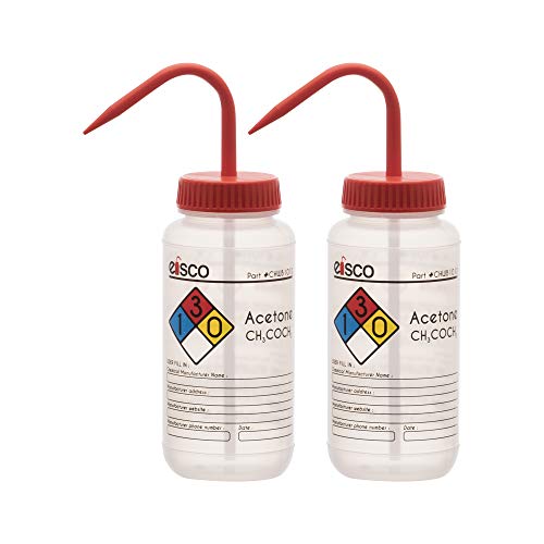 EISCO Wash Bottle for Acetone, 500ml - Labeled with Color Coded Chemical & Safety Information (4 Colors) - Wide Mouth, Self Venting, Low Density Polyethylene Labs