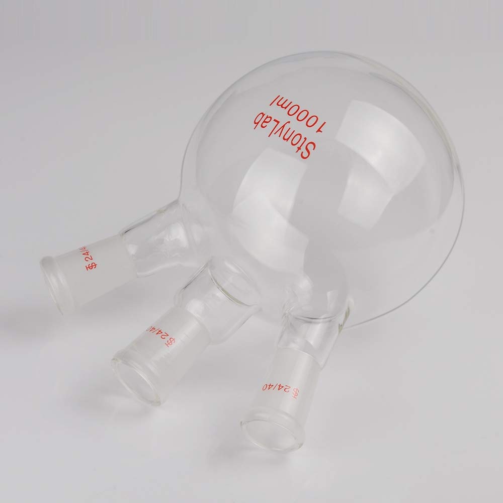 StonyLab Glass 3 Neck Round Bottom Flask RBF, with 24/40 Center and Side Standard Taper Outer Joint (1L)