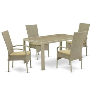 east west furniture juos5-03a 5 piece patio furniture sets wicker outdoor set includes a rectangle dining table with glass top and 4 balcony armchair with cushion, 36x60 inch, natural linen