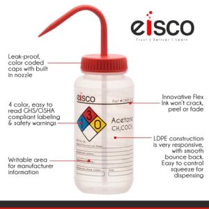 EISCO Wash Bottle for Acetone, 500ml - Labeled with Color Coded Chemical & Safety Information (4 Colors) - Wide Mouth, Self Venting, Low Density Polyethylene Labs