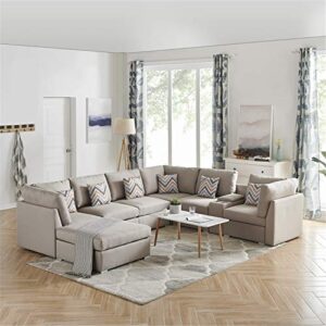 lilola home amira beige fabric reversible modular sectional sofa with usb console and ottoman