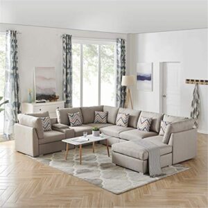 Lilola Home Amira Beige Fabric Reversible Modular Sectional Sofa with USB Console and Ottoman