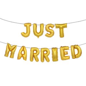 annodeel 16inch just married letter banner foil balloons, gold alphabet mylar balloons for wedding bachelorette weddings bridal shower party