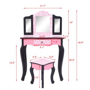 Goujxcy Kids Vanity Set, Wood Makeup Vanity Table and Stool Set Makeup Dressing Table Set with Mirror & Drawer for Girls