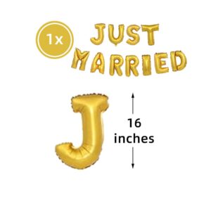 AnnoDeel 16inch JUST MARRIED Letter Banner Foil Balloons, Gold Alphabet Mylar Balloons for Wedding Bachelorette Weddings Bridal Shower Party