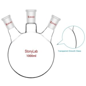 StonyLab Glass 3 Neck Round Bottom Flask RBF, with 24/40 Center and Side Standard Taper Outer Joint (1L)