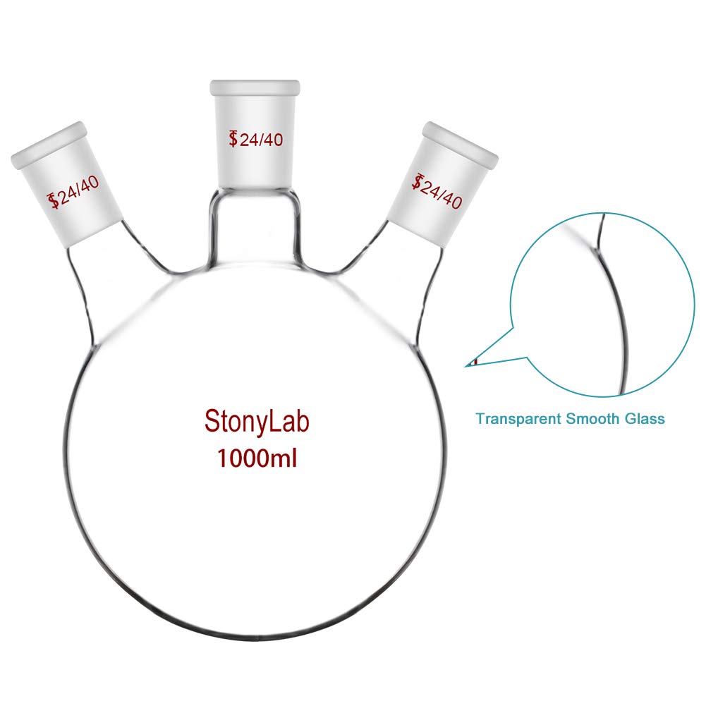 StonyLab Glass 3 Neck Round Bottom Flask RBF, with 24/40 Center and Side Standard Taper Outer Joint (1L)