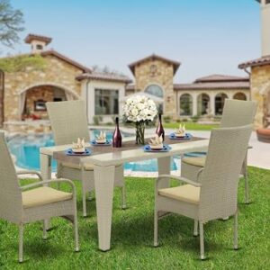 East West Furniture GUOS5-03A 5 Piece Outdoor Patio Conversation Sets Includes a Rectangle Wicker Dining Table with Glass Top and 4 Balcony Backyard Armchair with Cushion, 36x60 Inch, Natural Linen