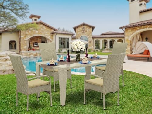 East West Furniture GUOS5-03A 5 Piece Outdoor Patio Conversation Sets Includes a Rectangle Wicker Dining Table with Glass Top and 4 Balcony Backyard Armchair with Cushion, 36x60 Inch, Natural Linen