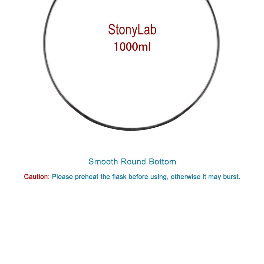 StonyLab Glass 3 Neck Round Bottom Flask RBF, with 24/40 Center and Side Standard Taper Outer Joint (1L)