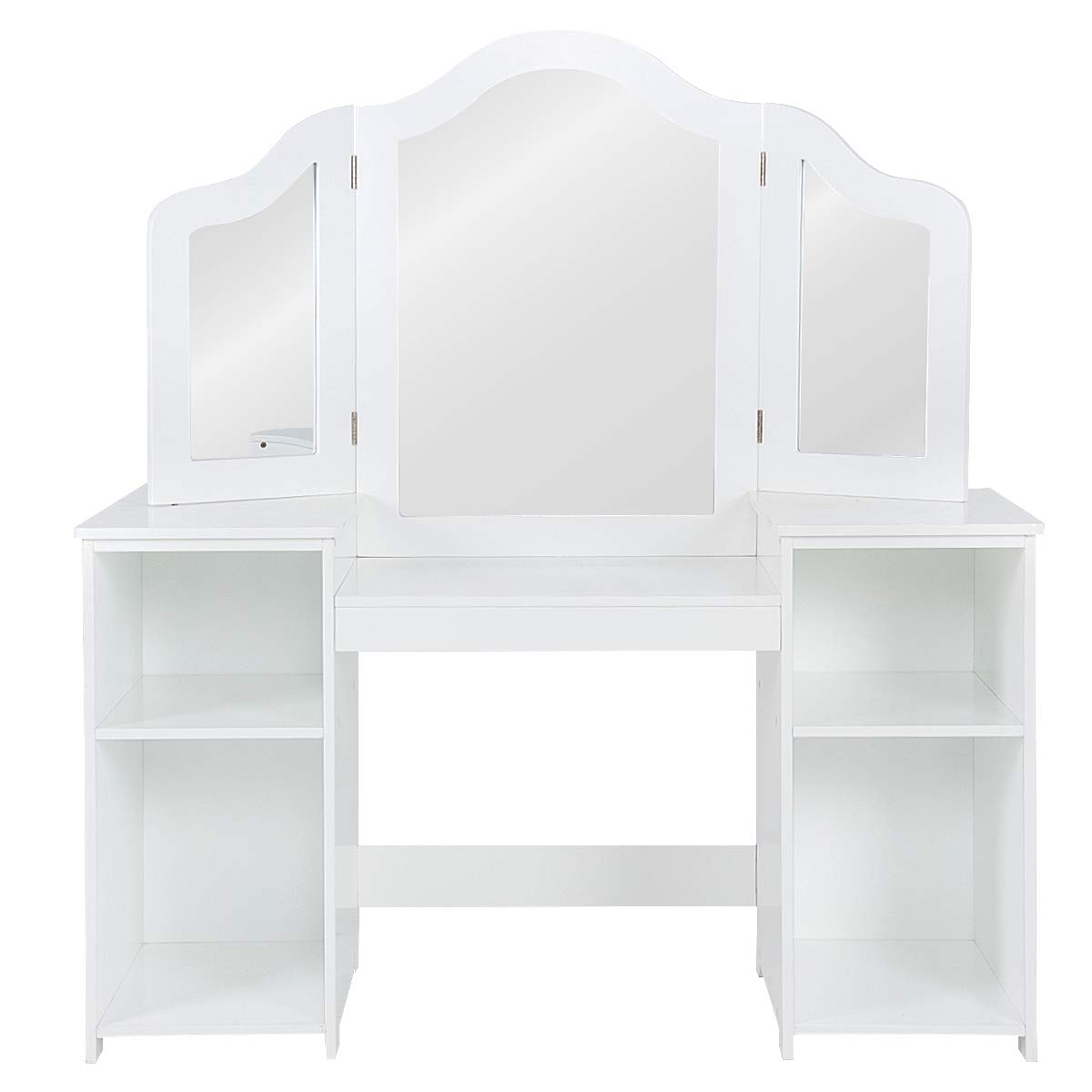 GOFLAME Kids Vanity Table, 2 in 1 Detachable Design with Dressing Table and Writing Desk, Princess Makeup Dressing Table with 4 Large Storage Shelves and 3-Panel Mirror for Kids and Girls (White)