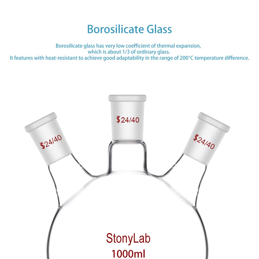 StonyLab Glass 3 Neck Round Bottom Flask RBF, with 24/40 Center and Side Standard Taper Outer Joint (1L)