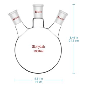 StonyLab Glass 3 Neck Round Bottom Flask RBF, with 24/40 Center and Side Standard Taper Outer Joint (1L)