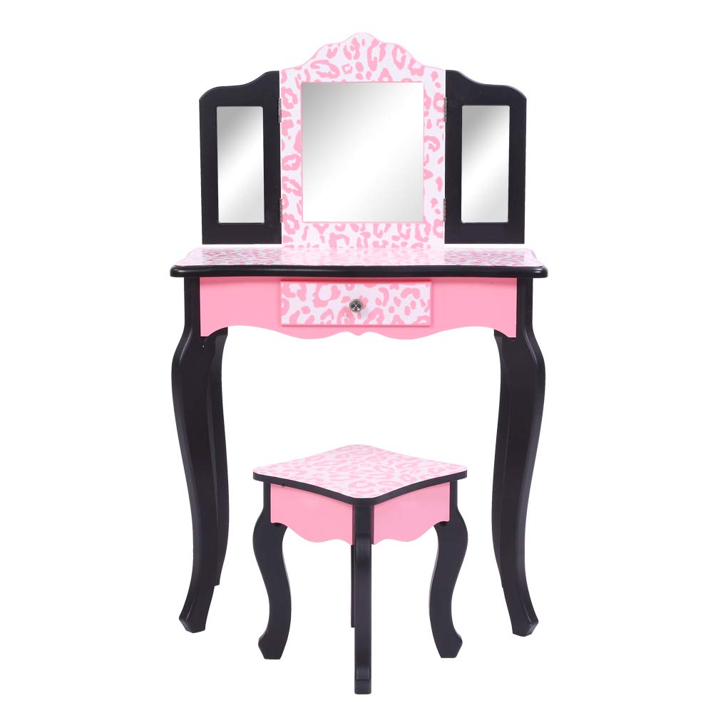 Goujxcy Kids Vanity Set, Wood Makeup Vanity Table and Stool Set Makeup Dressing Table Set with Mirror & Drawer for Girls