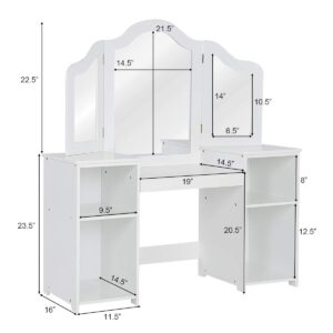 GOFLAME Kids Vanity Table, 2 in 1 Detachable Design with Dressing Table and Writing Desk, Princess Makeup Dressing Table with 4 Large Storage Shelves and 3-Panel Mirror for Kids and Girls (White)