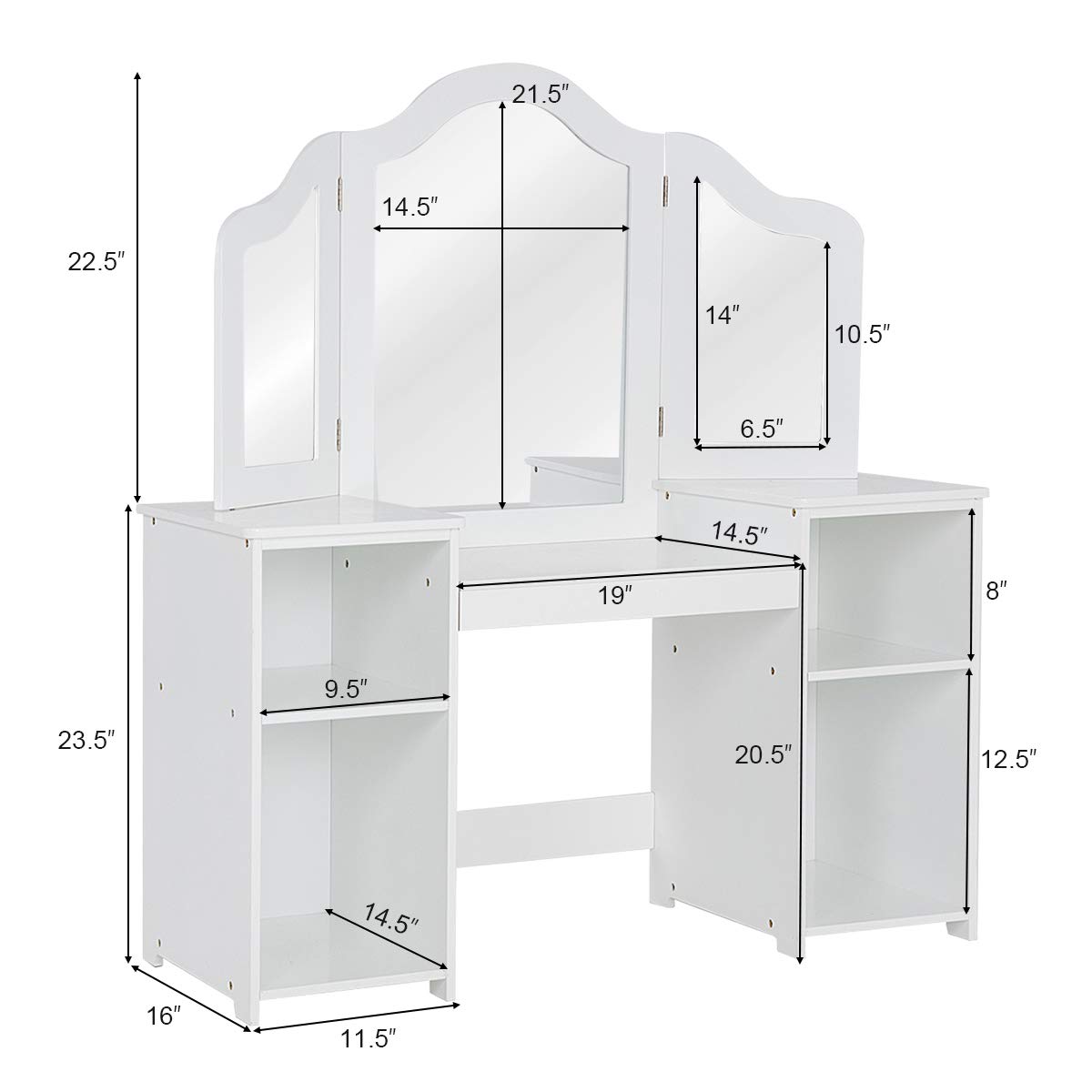 GOFLAME Kids Vanity Table, 2 in 1 Detachable Design with Dressing Table and Writing Desk, Princess Makeup Dressing Table with 4 Large Storage Shelves and 3-Panel Mirror for Kids and Girls (White)