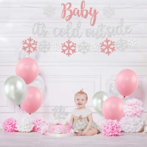 Baby It’s Cold Outside Party Decorations, Banner, Snowflake Balloons, Garland for Winter Wonderland Baby Shower, Christmas, Winter Birthday Party Supplies, Silver (Pink)