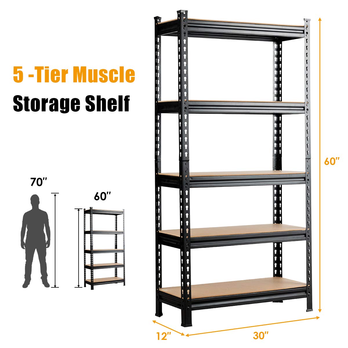 Tangkula 5-Tier Storage Shelves, Heavy Duty Steel Frame Muscle Rack 60in Garage Shelf with Adjustable Shelves, Boltless Shelving Unit for Free Combination, Metal Utility Shelves (2, Black)