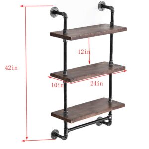 MIQ Industrial Pipe Shelf,Rustic Wall Shelf with Towel Bar,24" Towel Racks for Bathroom,3 Tiered Pipe Shelves Wood Shelf Shelving …