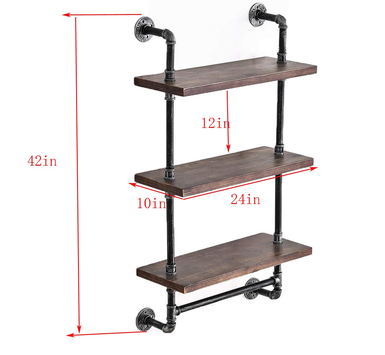 MIQ Industrial Pipe Shelf,Rustic Wall Shelf with Towel Bar,24" Towel Racks for Bathroom,3 Tiered Pipe Shelves Wood Shelf Shelving …