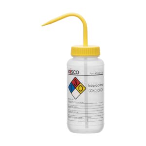 eisco wash bottle for isopropanol, 500ml - labeled with color coded chemical & safety information (4 colors) - wide mouth, self venting, low density polyethylene labs