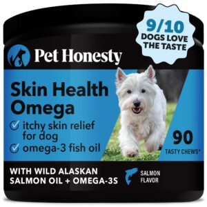 pet honesty omega skin health chews for dogs, alaskan salmon oil, omega-3 fish oil, krill, spirulina, omega-3s, healthy skin & coat, itchy skin, dog allergies, may reduce shedding (90 count)