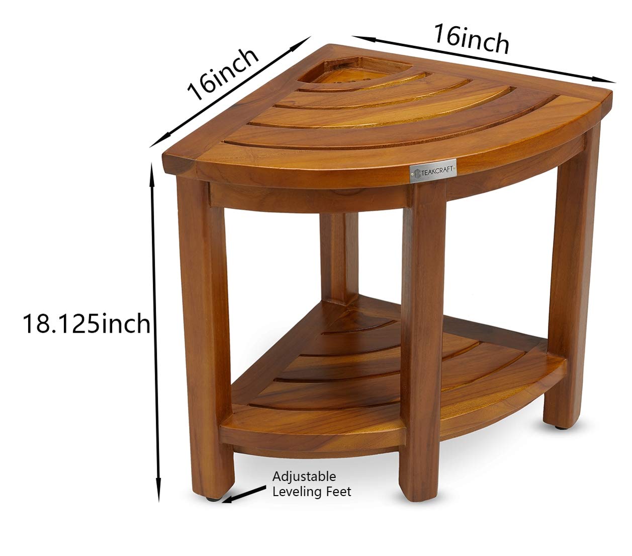 TeakCraft Teak Corner Bench with Shelf and Basket, Fully Assembled, 16 Inch, The Loki