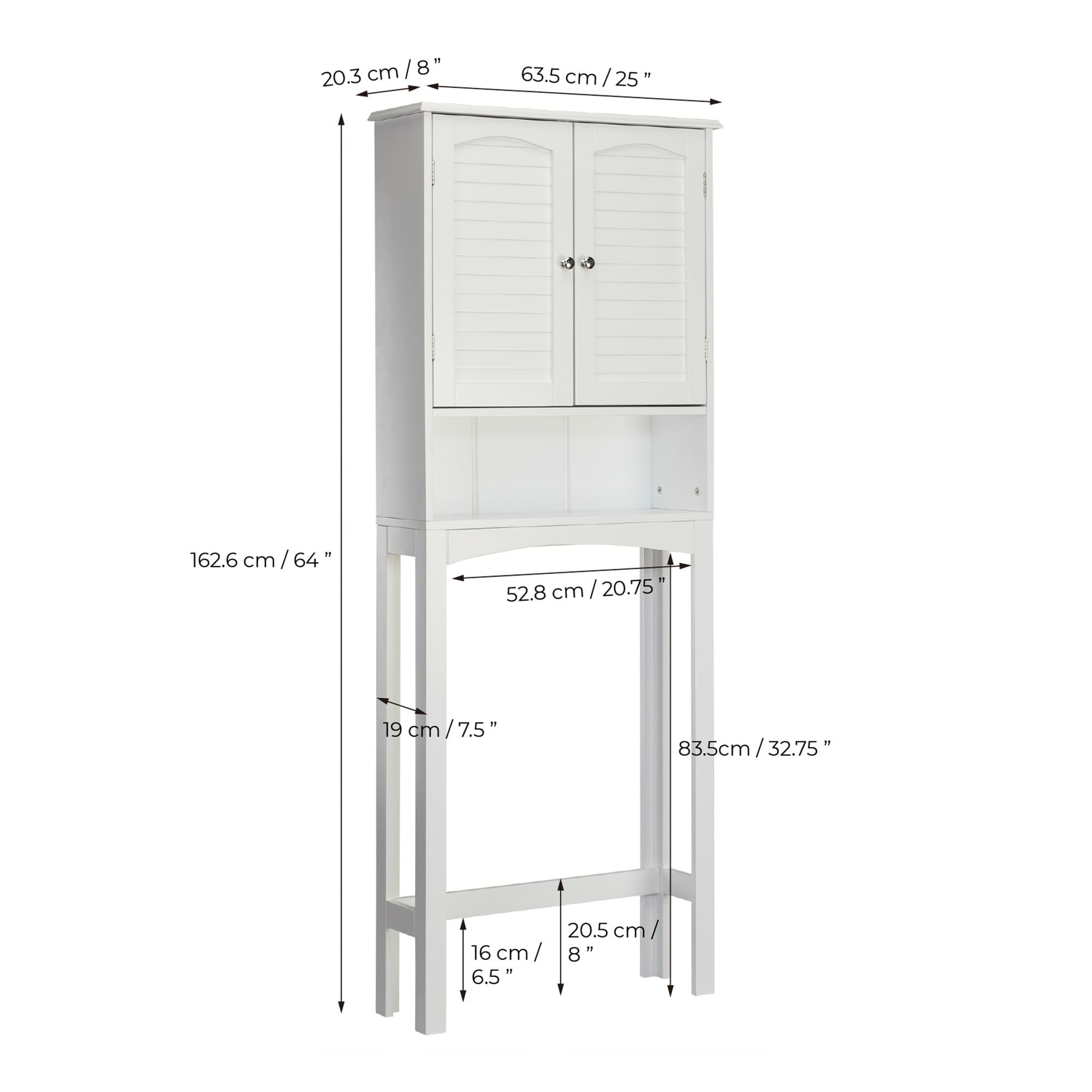 Teamson Home Louis 25 in. x 64 in. Freestanding Wooden Over-The-Toilet Storage Cabinet for Bathrooms, Powder Rooms, and En Suites - Bathroom Etagere, White