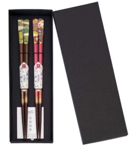 kawai japanese wooden chopsticks reusable 2 pairs in gift box, nippon scenery red and purple [ made in japan /handcrafted ]