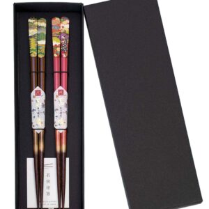 Kawai Japanese Wooden Chopsticks Reusable 2 Pairs in Gift Box, Nippon Scenery Red and Purple [ Made in Japan /Handcrafted ]