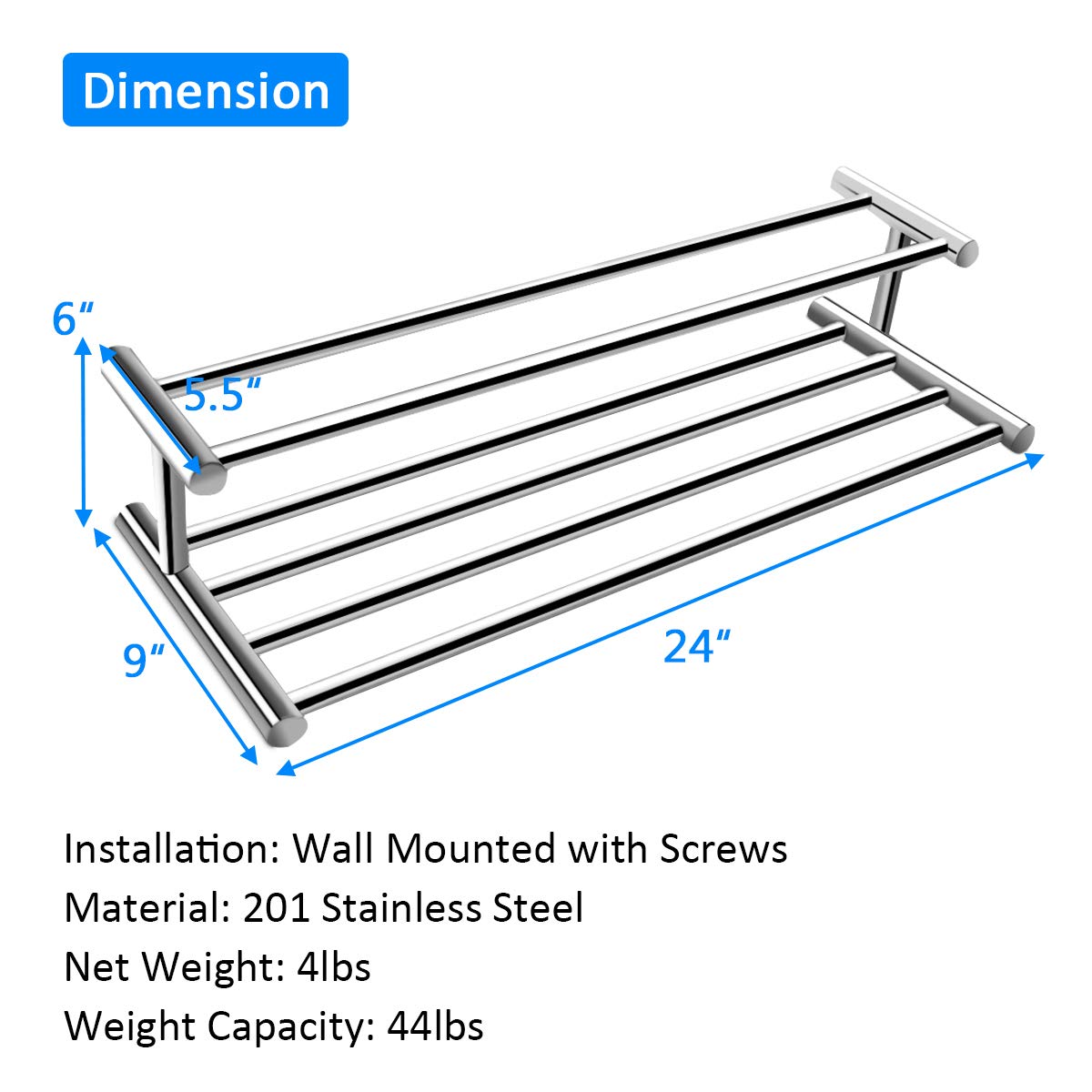 Casart 24'' Wall Mounted Towel Rack, Stainless Steel Towel Shelf, Modern Towel Holder for Kitchen, Bathroom and Hotel