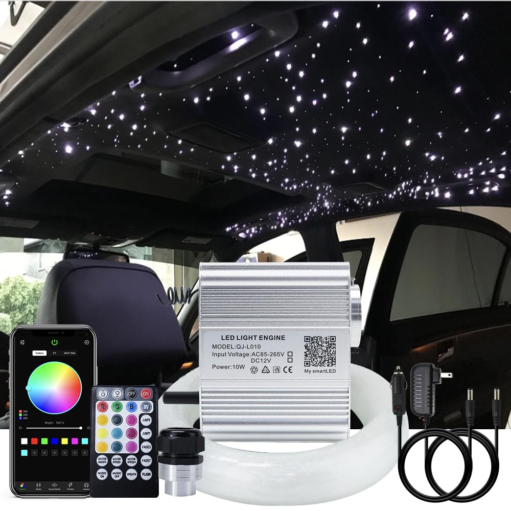 AKEPO 10W Twinkle Fiber Optic Lights kit APP Control with Music Mode for Star Ceiling Sky Light Car Home Use, RGBW Light Engine+Optical Fiber Cable 460pcs of 9.8ft/3m(0.03+0.04+0.06in)+28key Remote