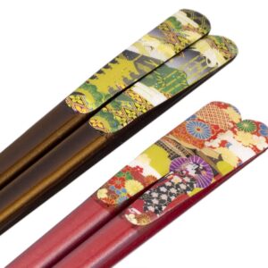 Kawai Japanese Wooden Chopsticks Reusable 2 Pairs in Gift Box, Nippon Scenery Red and Purple [ Made in Japan /Handcrafted ]