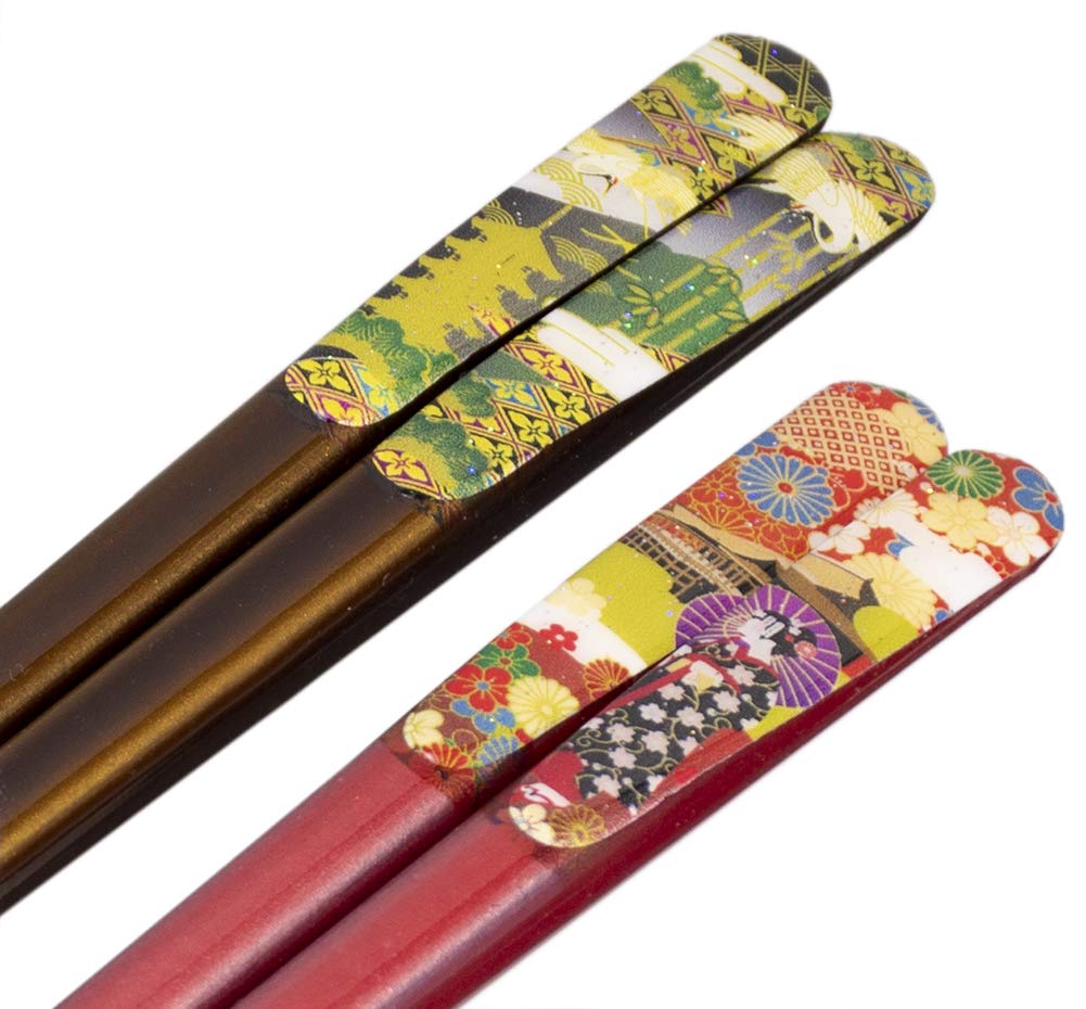 Kawai Japanese Wooden Chopsticks Reusable 2 Pairs in Gift Box, Nippon Scenery Red and Purple [ Made in Japan /Handcrafted ]