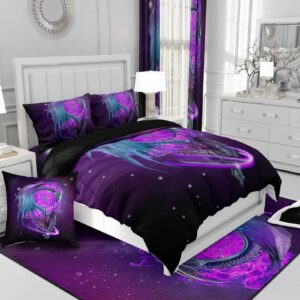 Erosebridal Galaxy Bedding Set Queen Size Dream Catcher Comforter Cover Boho Theme Duvet Cover Set Dragon and Feather Printed 3 Piece Bedding Decorative with 2 Pillow Cases for Kids Adults,Purple