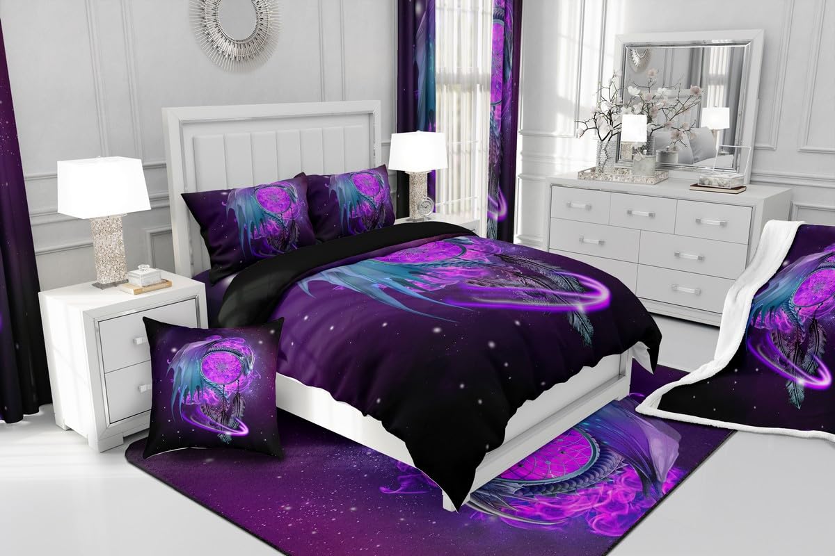 Erosebridal Galaxy Bedding Set Queen Size Dream Catcher Comforter Cover Boho Theme Duvet Cover Set Dragon and Feather Printed 3 Piece Bedding Decorative with 2 Pillow Cases for Kids Adults,Purple