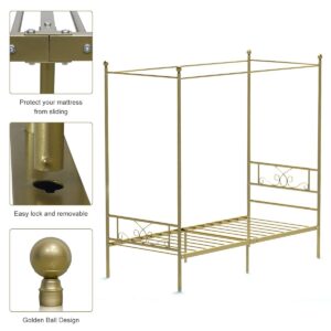 Weehom Queen Canopy Bed Frame with Headboard and Footboard, 4 Posters Metal Bed Frame, No Box Spring Needed, Mattress Foundation Platform Bed for Kids and Adults, Gold