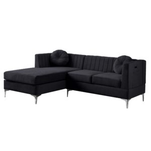 lilola home chloe black velvet sectional sofa chaise with usb charging port