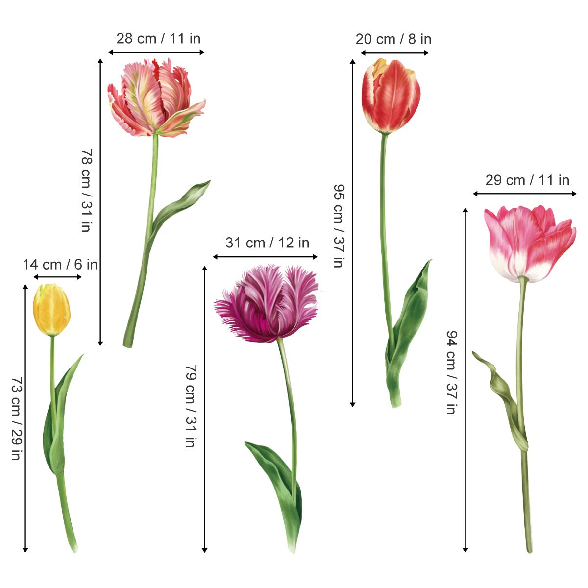 decalmile 5 Large Tulip Flowers Wall Decals Garden Floral Wall Art Stickers Bedroom Living Room Home Decor Gifts for Mom(H: 37 Inches)