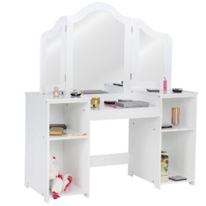 goflame kids vanity table, 2 in 1 detachable design with dressing table and writing desk, princess makeup dressing table with 4 large storage shelves and 3-panel mirror for kids and girls (white)