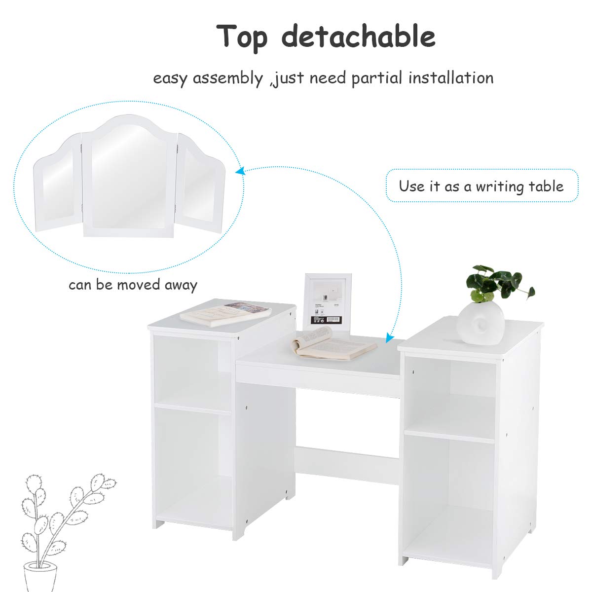 GOFLAME Kids Vanity Table, 2 in 1 Detachable Design with Dressing Table and Writing Desk, Princess Makeup Dressing Table with 4 Large Storage Shelves and 3-Panel Mirror for Kids and Girls (White)